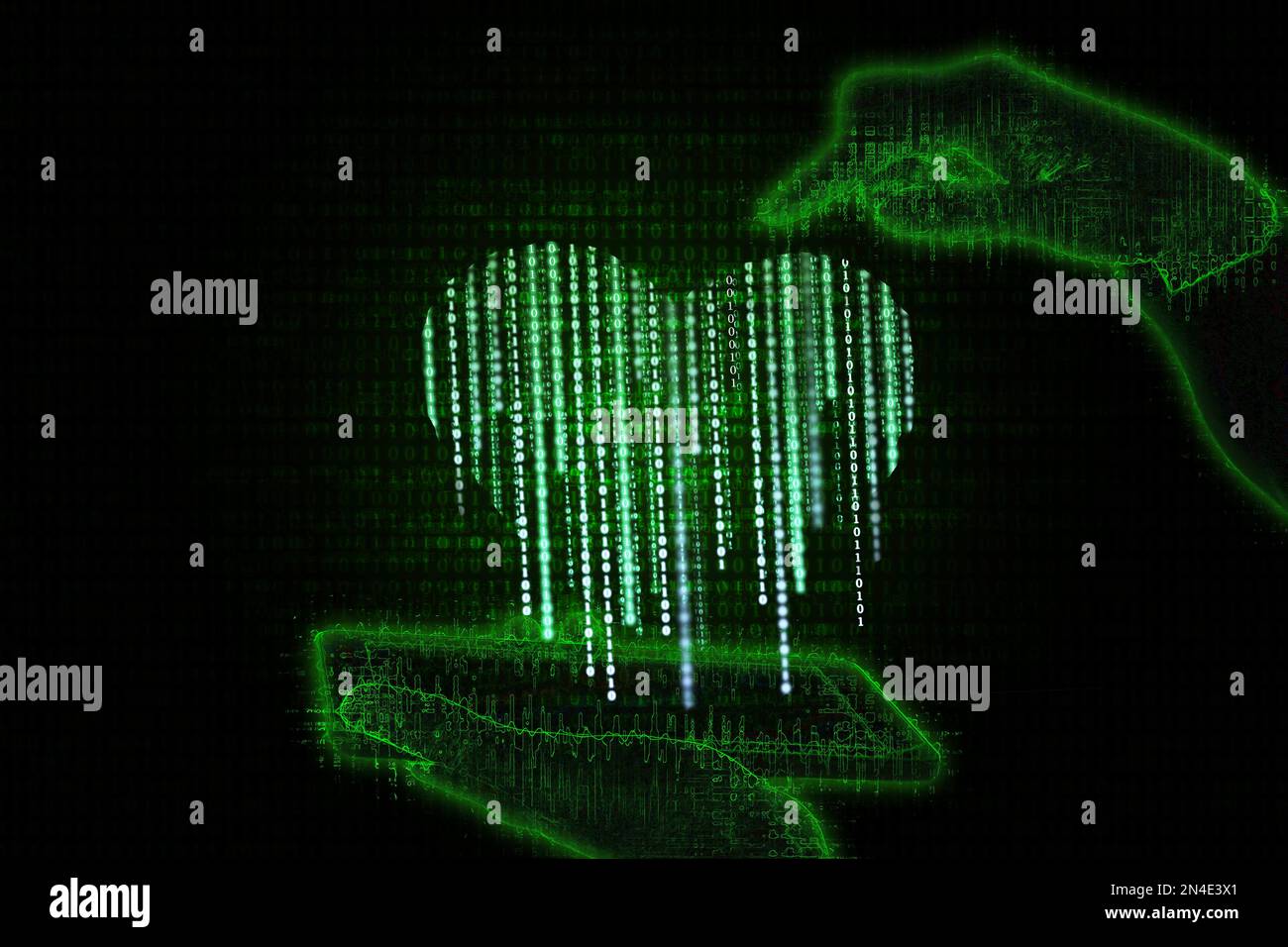 Blurred hand holding phone and hand pointing to Heart-shaped composed of binary computer code in ...