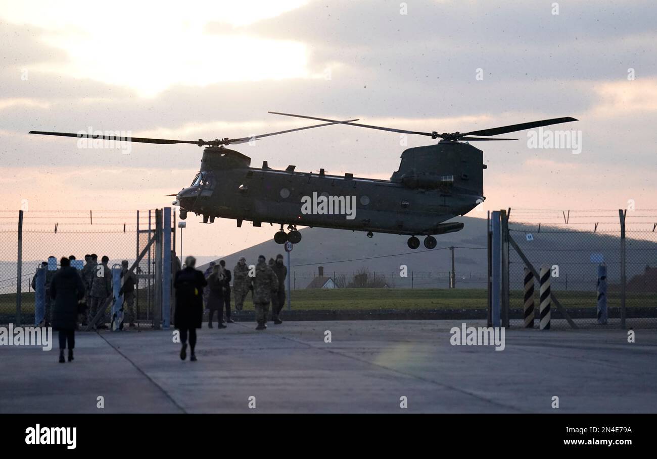A Chinook helicopter lands as Ukrainian President Volodymyr Zelensky ...