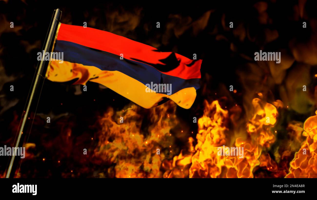 flag of Armenia on burning fire backdrop - hard times concept ...
