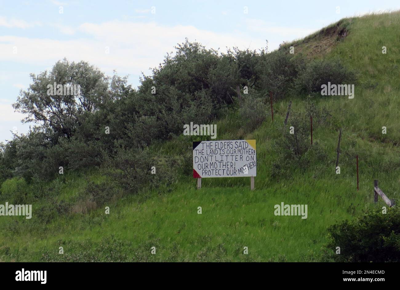 A roadside sign encourages tribal members and visitors to Fort Berthold ...