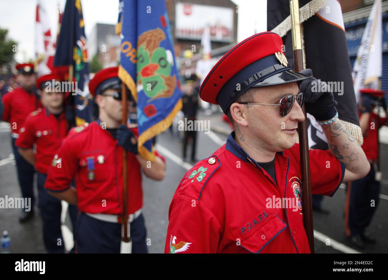 Protestant bandsmen parade in North Belfast, Northern Ireland, Saturday ...