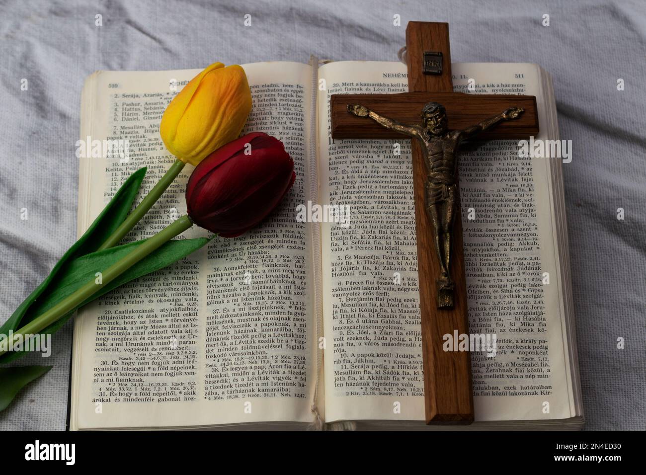 Holy bible, tulips and crucifix Stock Photo - Alamy