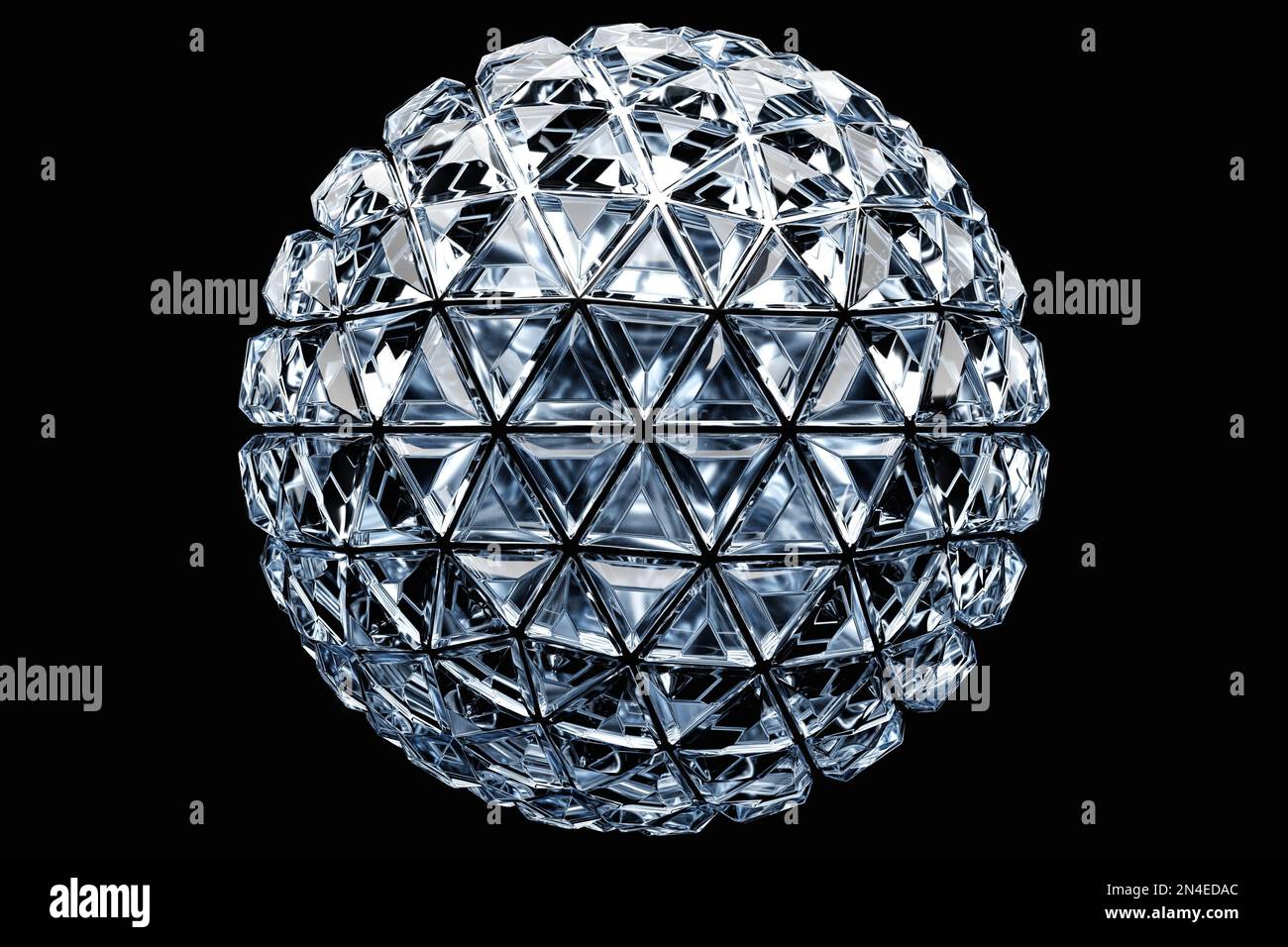 3D illustration of a transparent glass ball with many faces, crystals ...