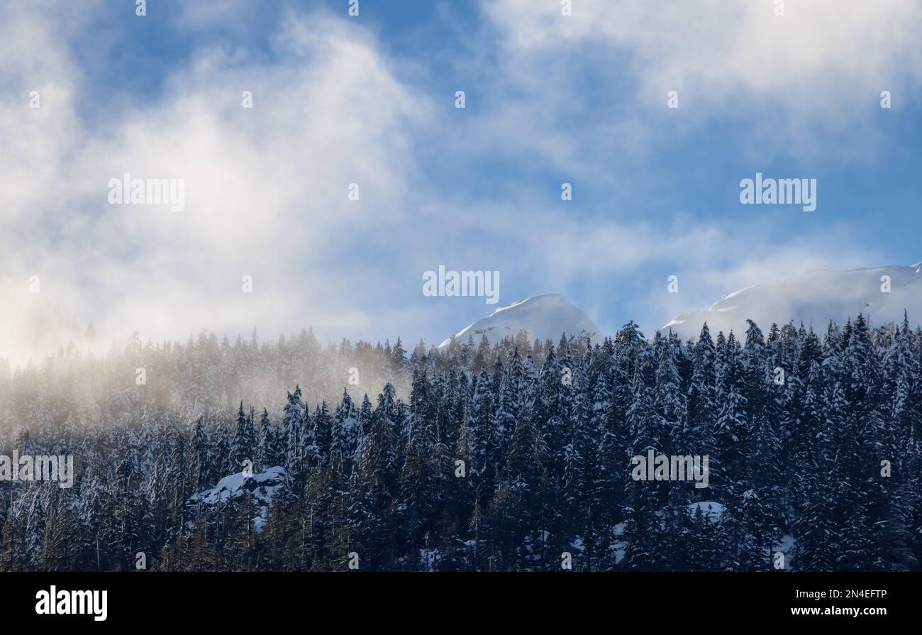 Snow and Cloud covered Canadian Nature Landscape Background Stock Photo ...