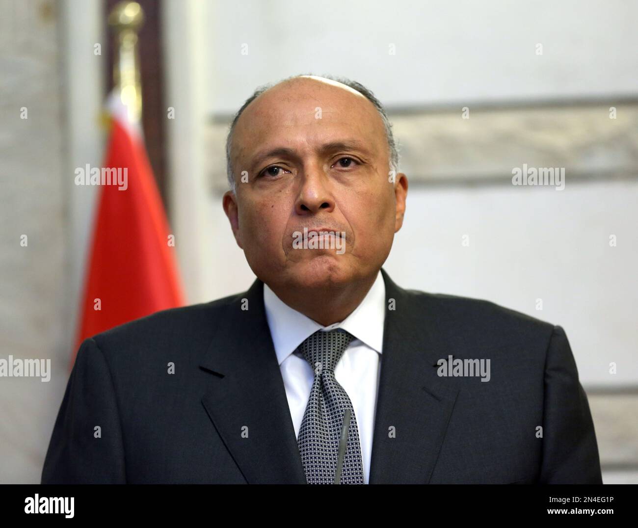 Egyptian Foreign Minister Sameh Shoukry listens during a press ...