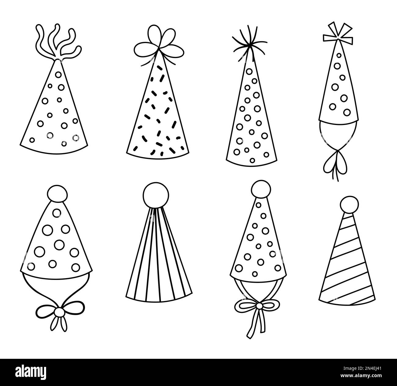 Vector black and white cute set of birthday hats. Funny outline b-day ...