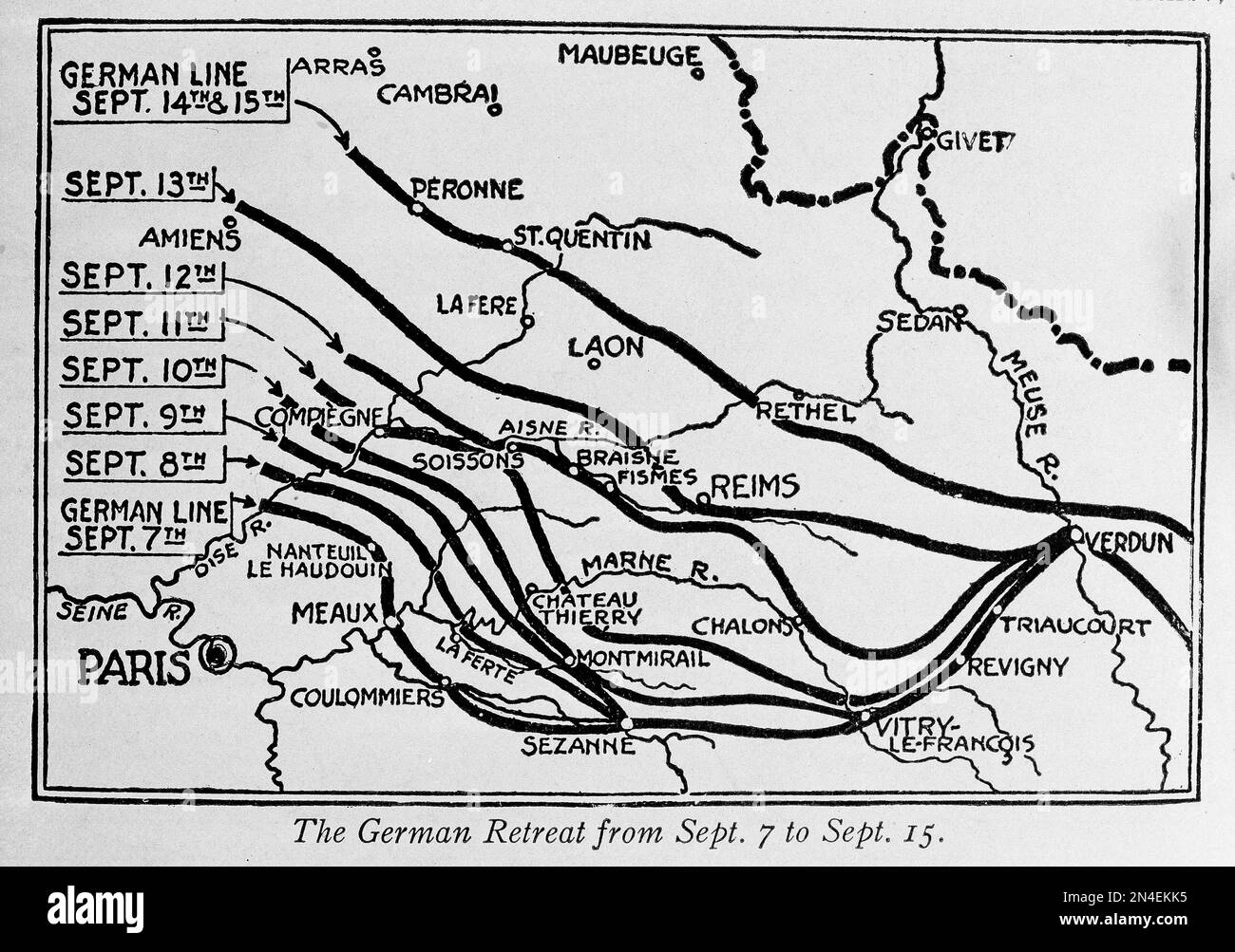 This map shows the retreat by the Germans from Sept. 7-15, 1914, during ...