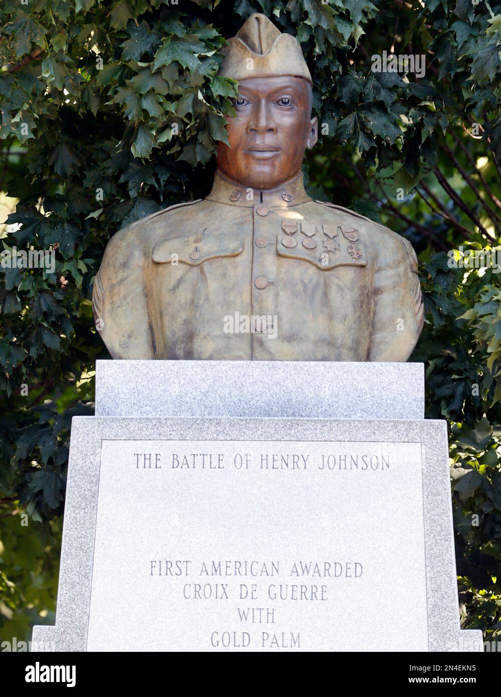 A statue of Henry Johnson is displayed in Washington Park on Thursday ...