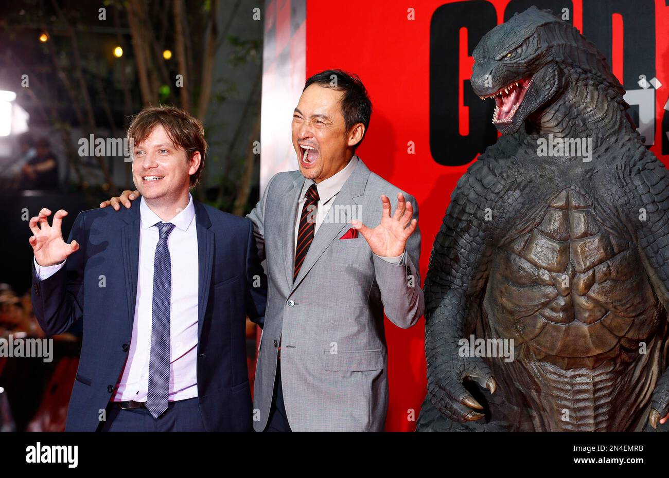 Film director Gareth Edwards, left, and Japanese actor Ken Watanabe ...