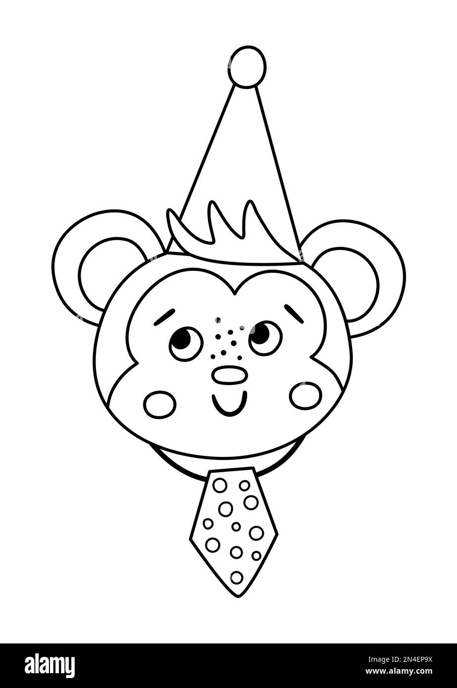 Vector cute black and white monkey face in party hat. Birthday outline ...