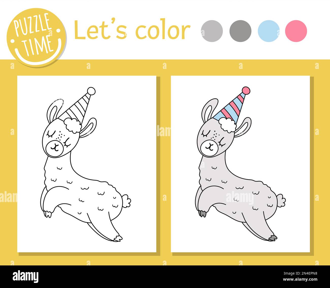 Birthday coloring page for children. Funny llama in party hat. Vector ...