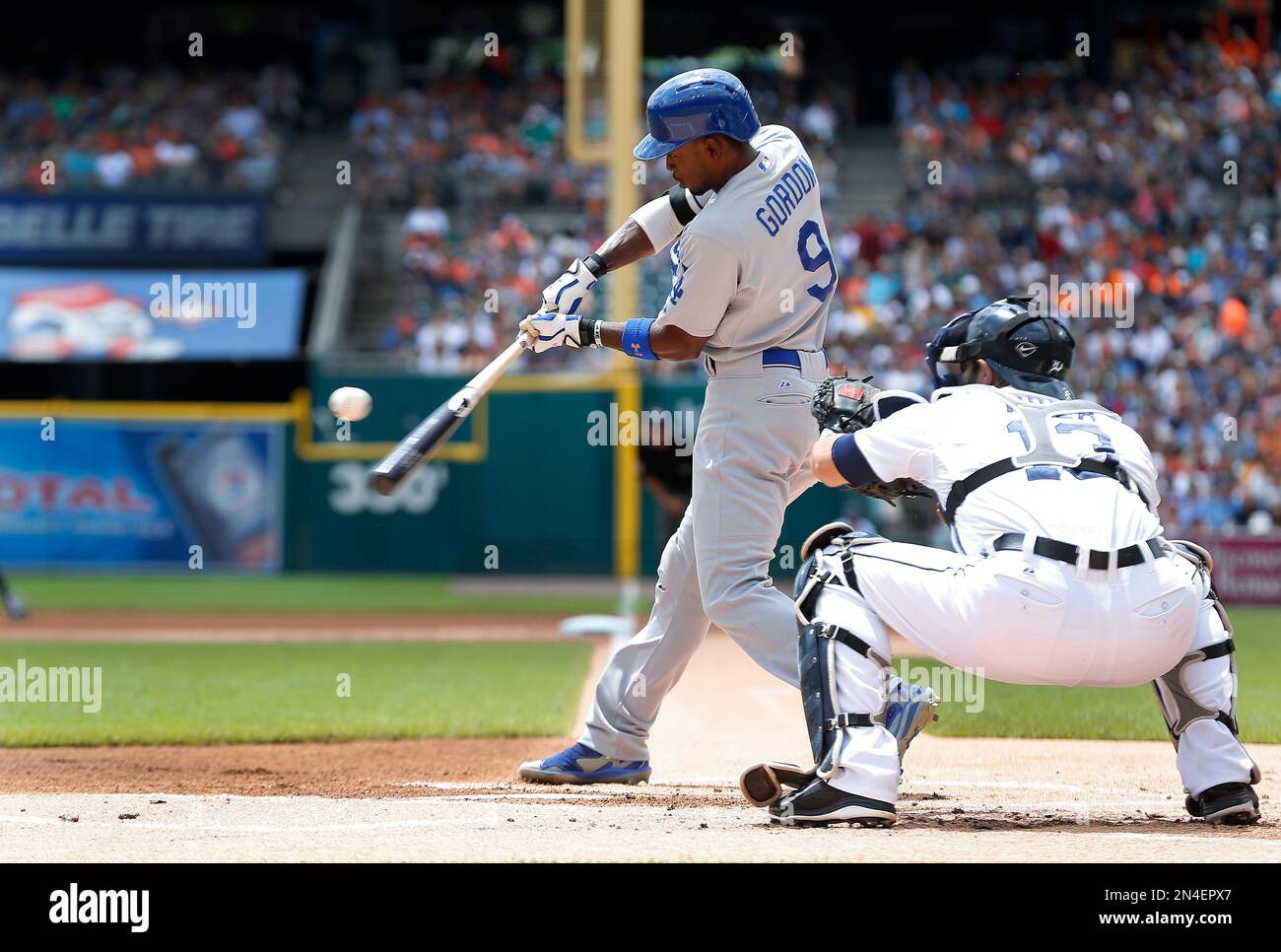 Los Angeles Dodgers' Dee Gordon bats against the Detroit Tigers in the ...