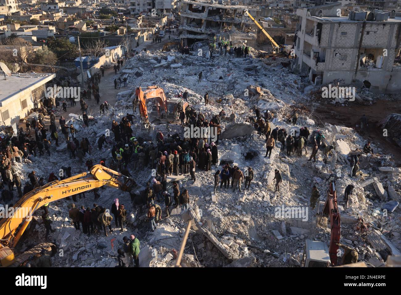Jindires, Syria. 08th Feb, 2023. A general view of the destruction ...
