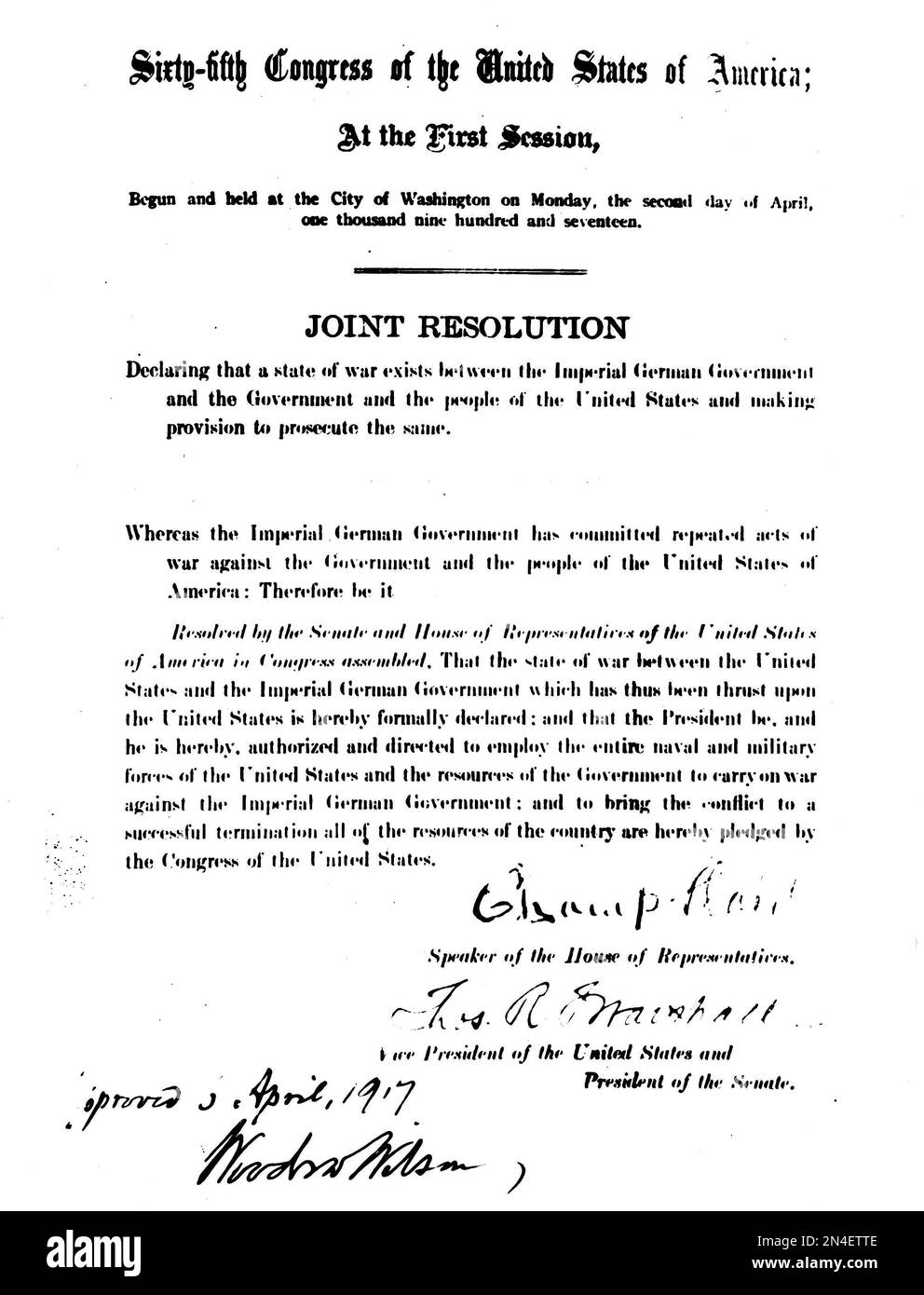 The declaration of war against Germany, signed by President Woodrow ...