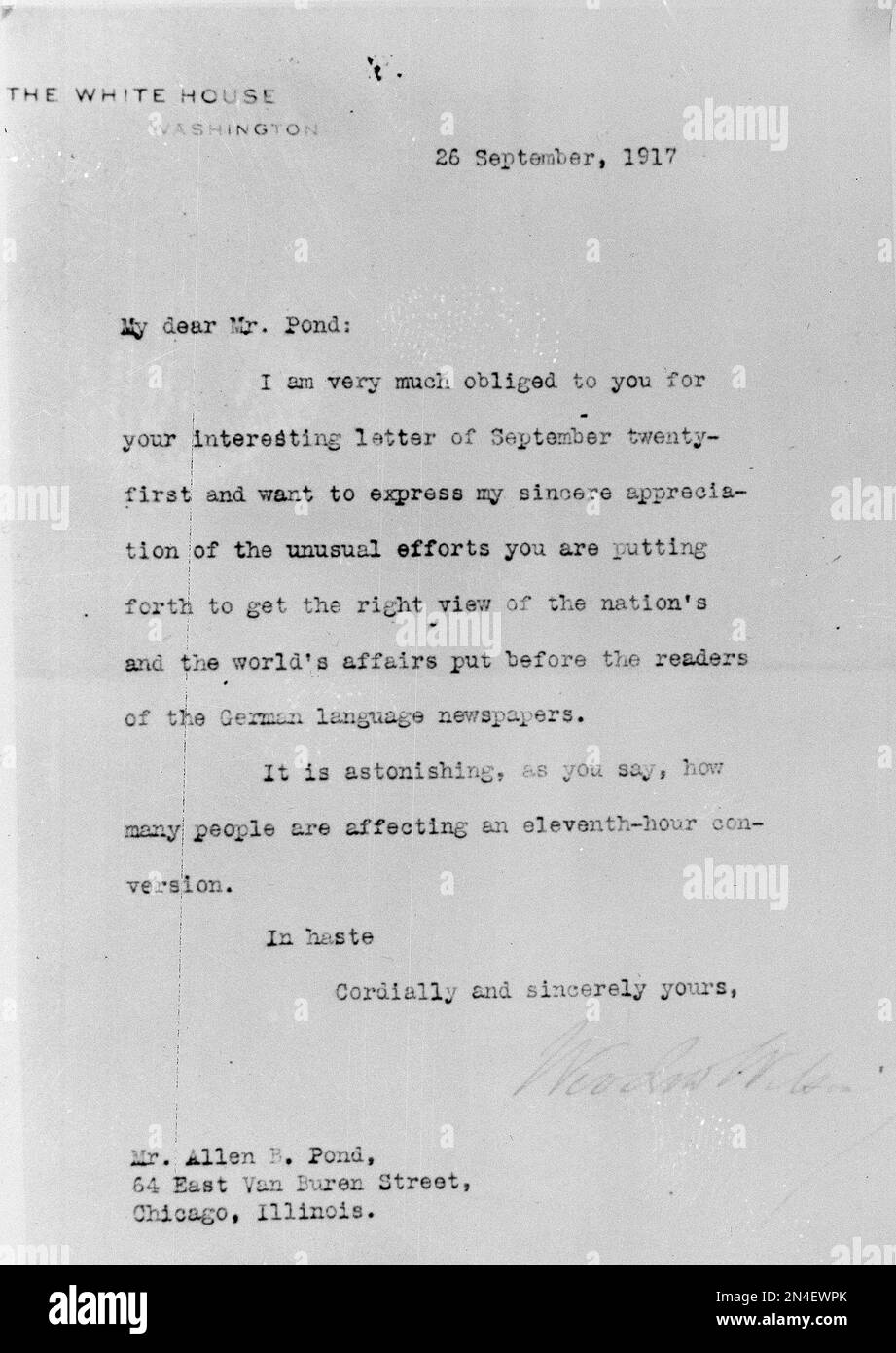 This is an image of the response from President Woodrow Wilson to Allen ...