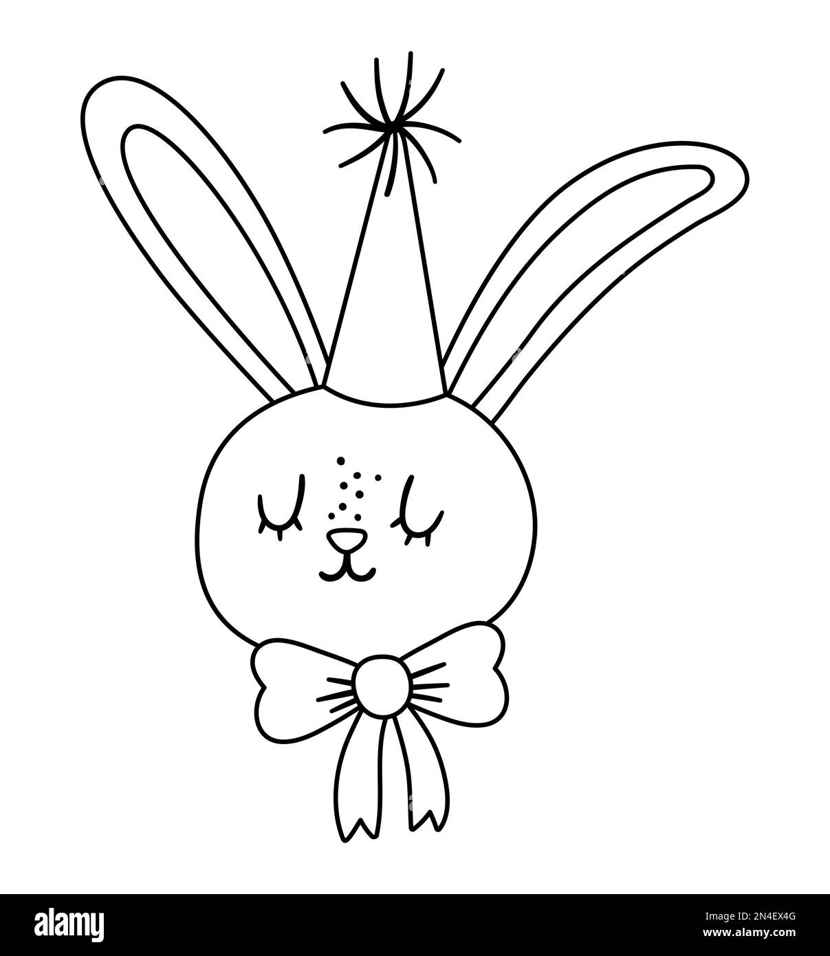 Vector cute black and white hare face in party hat. Birthday outline ...