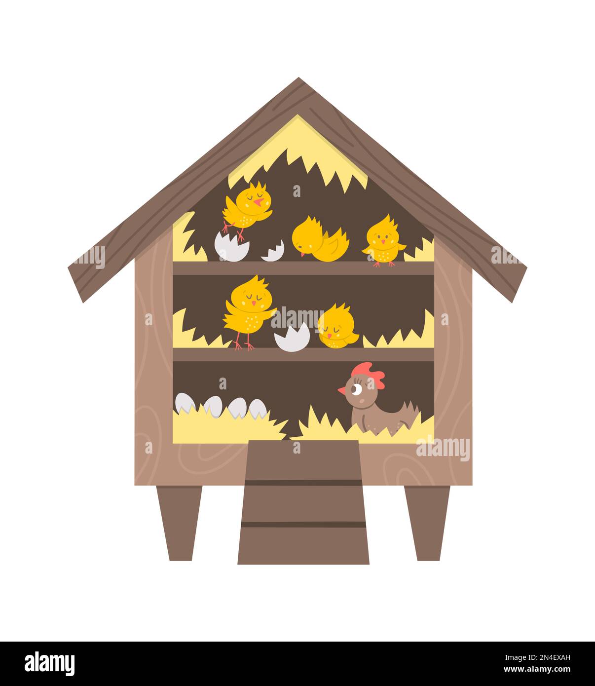 Vector cute roost icon with hatching chicks and hen inside. Funny perch ...