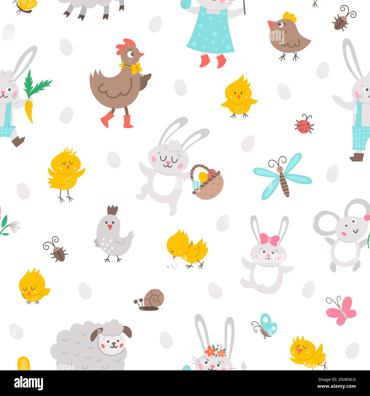 Vector Easter characters seamless pattern. Spring birds and insects repeating background. Cute ...