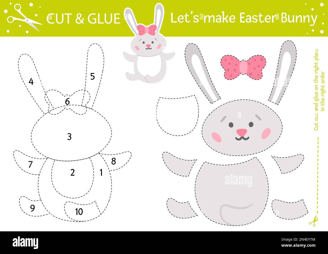 Vector Easter cut and glue activity. Holiday educational crafting game with cute rabbit. Fun ...