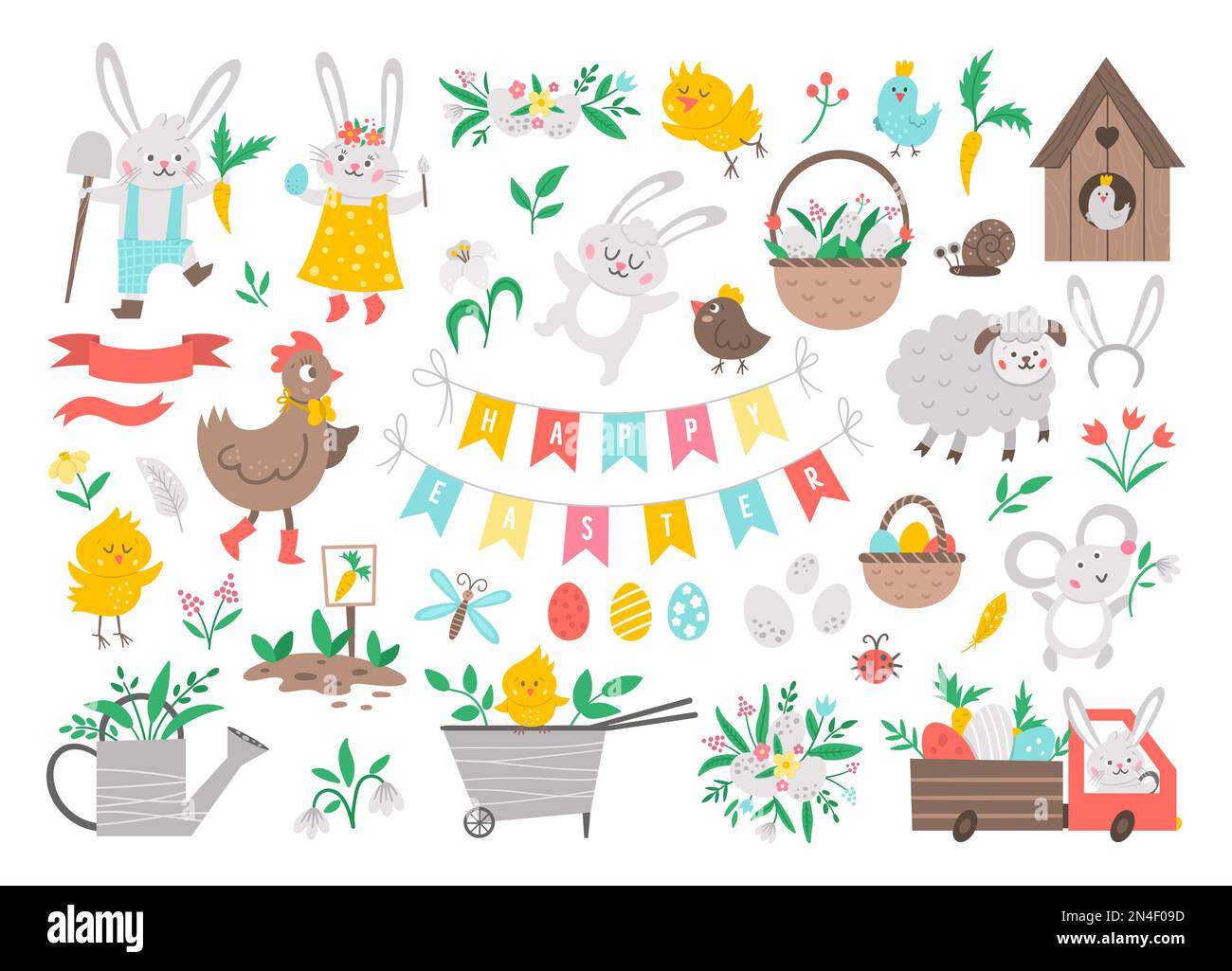 Big collection of design elements for Easter. Vector set with cute ...