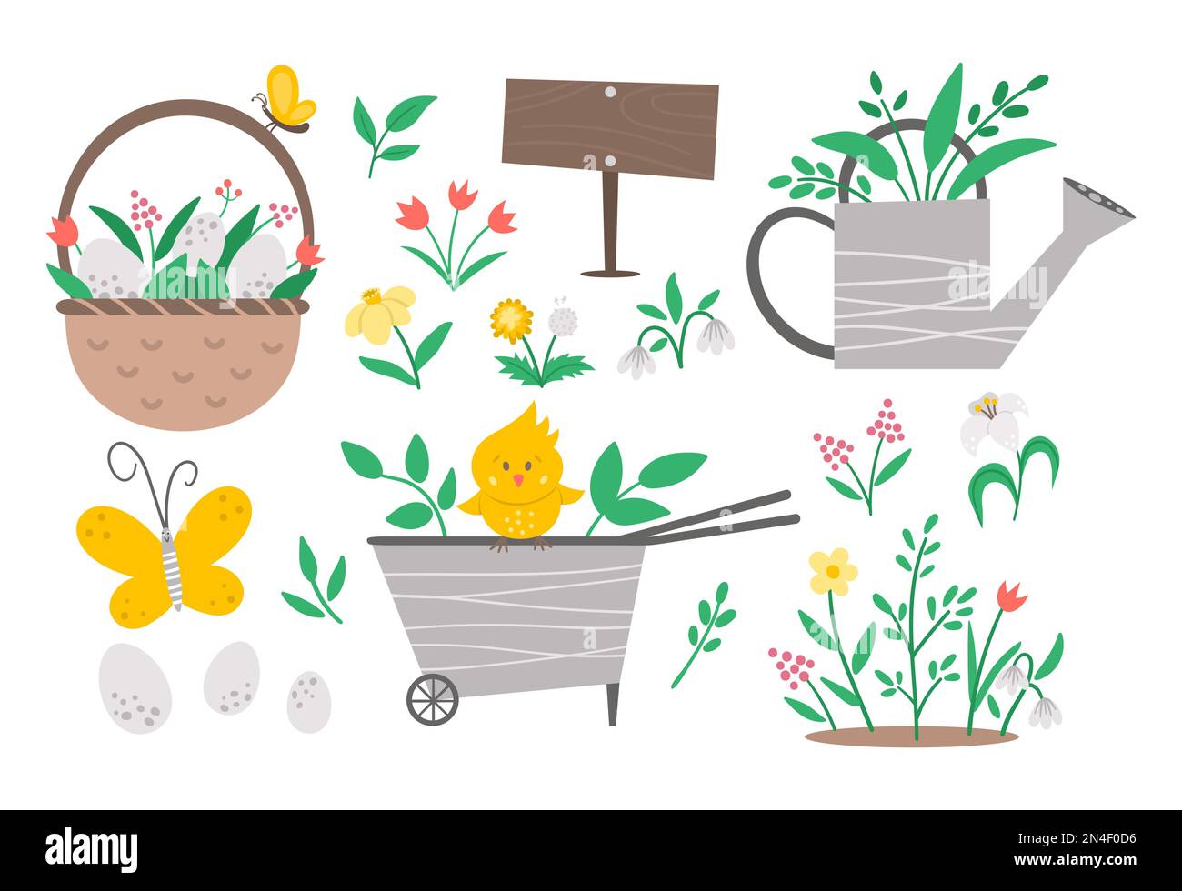Vector cute garden and Easter icons pack. Wheel barrow, watering can, eggs, first flowers and ...