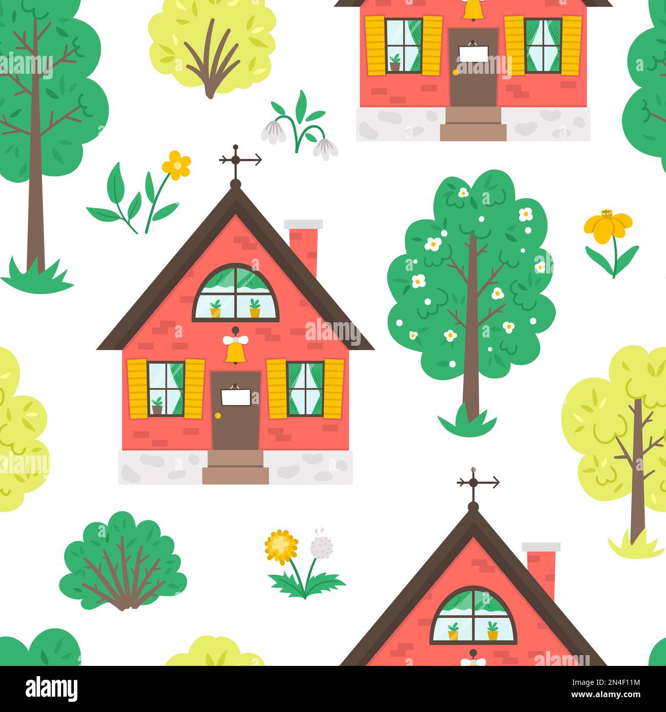 Vector seamless pattern with garden or trees, plants, flowers and ...