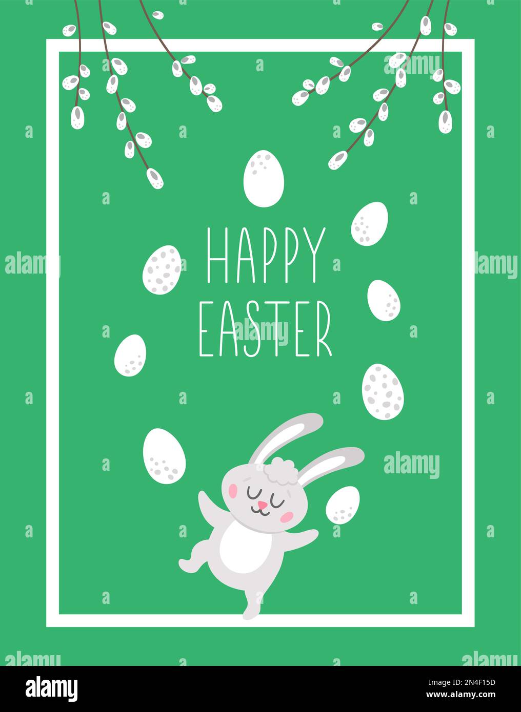 Easter vertical greeting card template with cute eggs, bunny and willow branches. Spring holiday ...