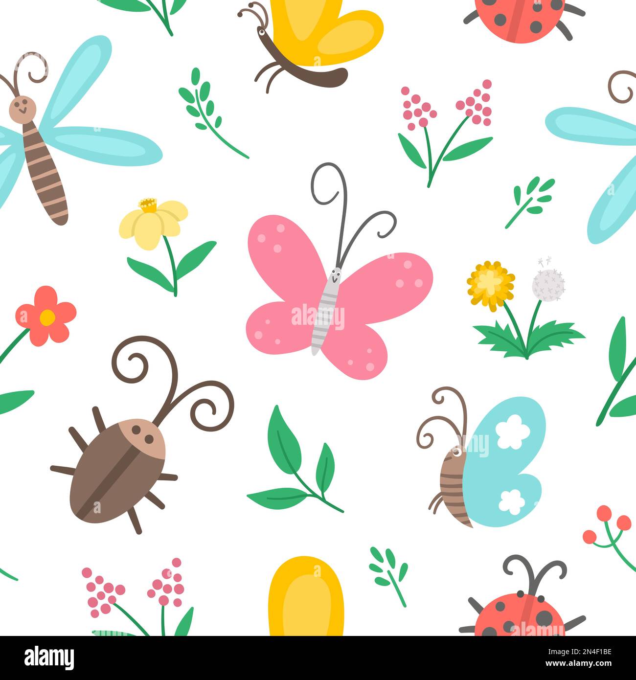 Vector flat insect and first flower seamless pattern. Funny spring ...