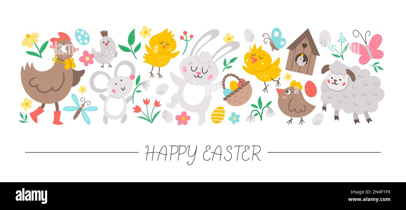 Vector horizontal set with flat Easter day characters and elements. Card template design with ...