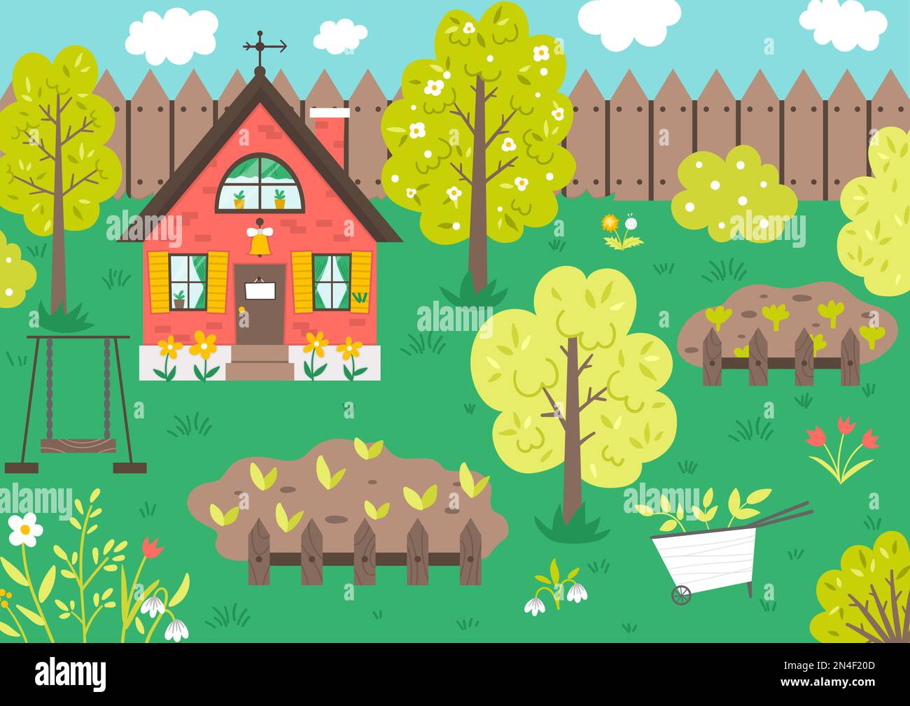 Vector garden scene with trees, country house, vegetable beds, flowers ...
