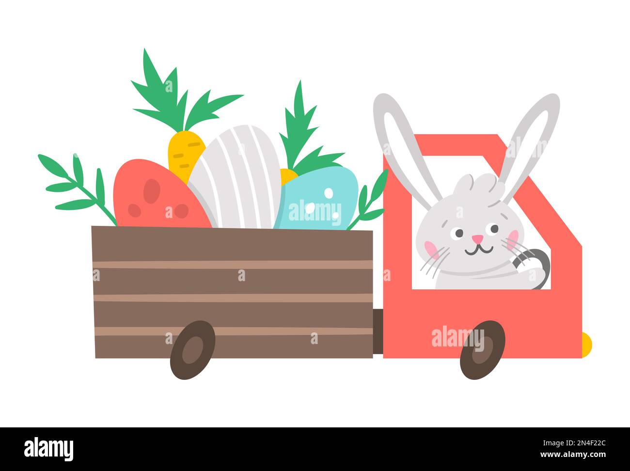 Vector Easter truck icon with colored eggs and carrots. Bunny driving a ...