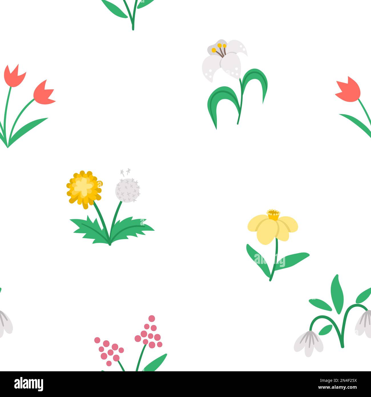 Vector cute flat spring flowers seamless pattern. Repeating background ...