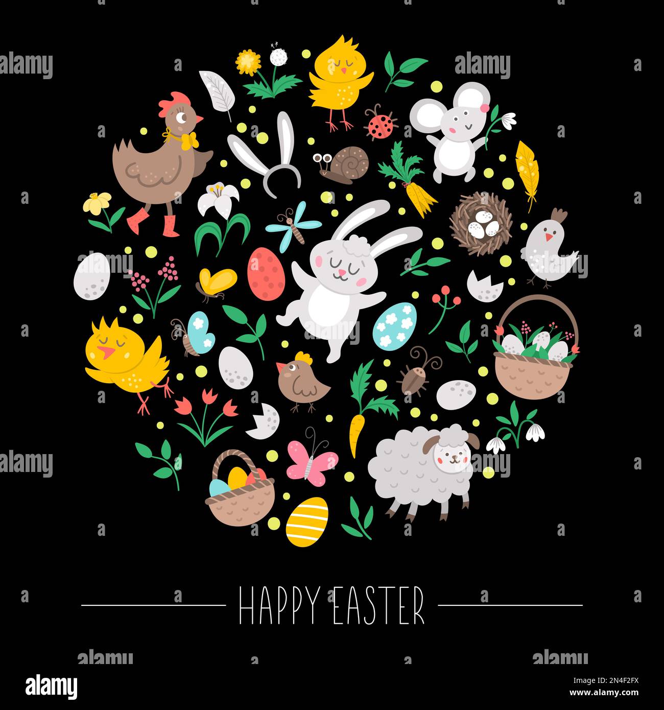 Vector Easter elements framed in circle on black background. Spring ...