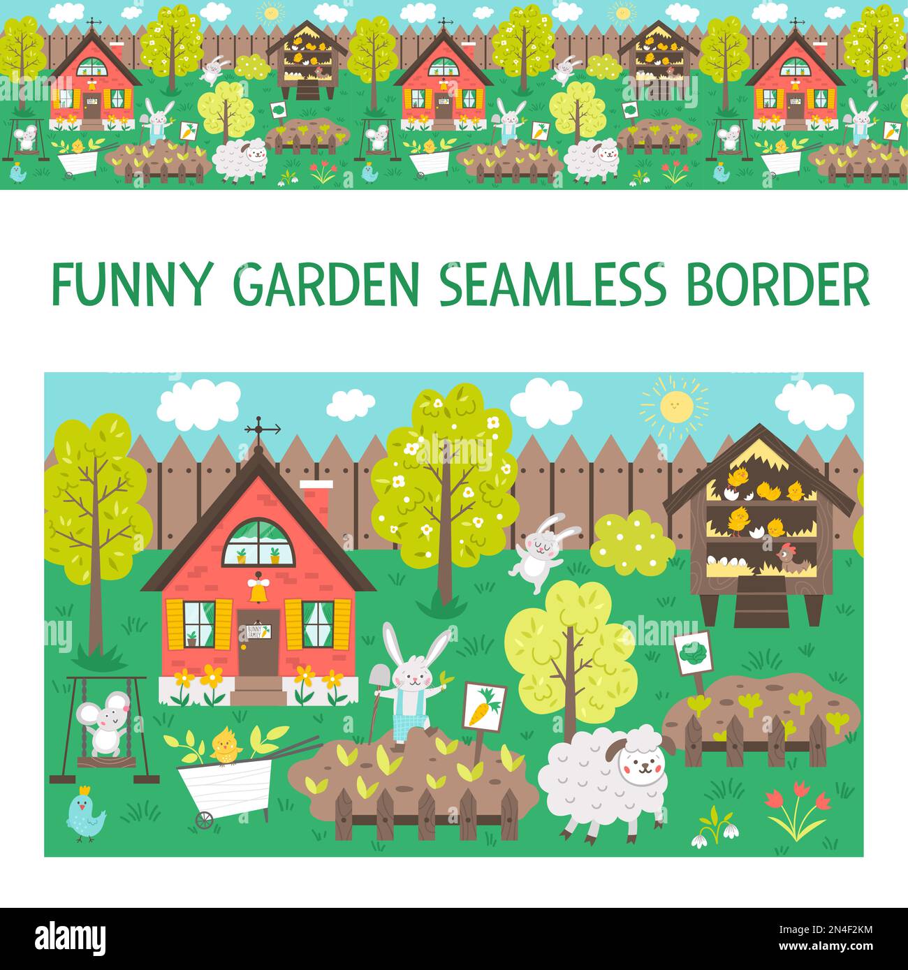 Vector seamless pattern brush with cute garden scene and animals ...