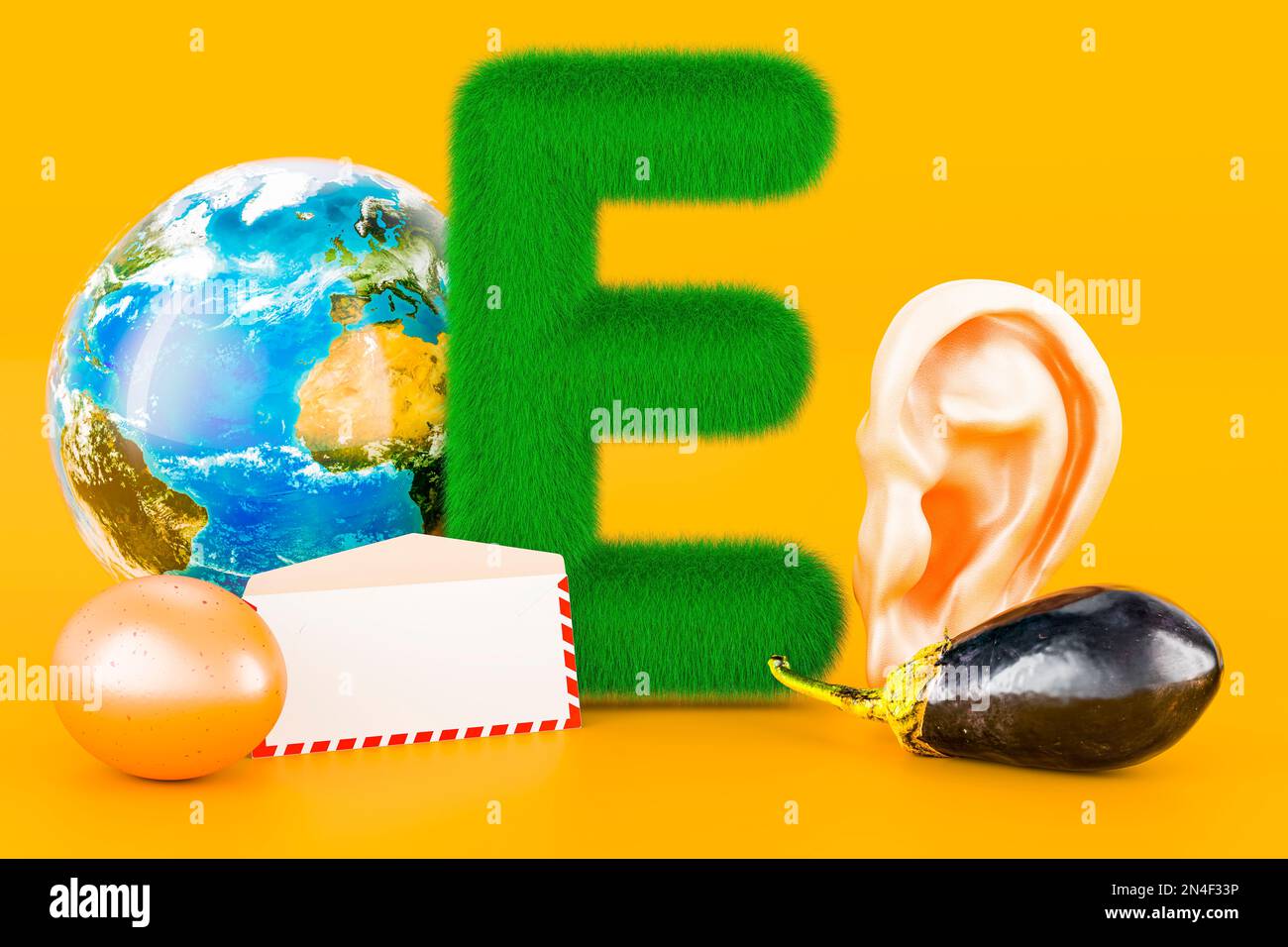 Fluffy letter E with egg, Earth Globe, envelope, eggplant, ear. Kids ...