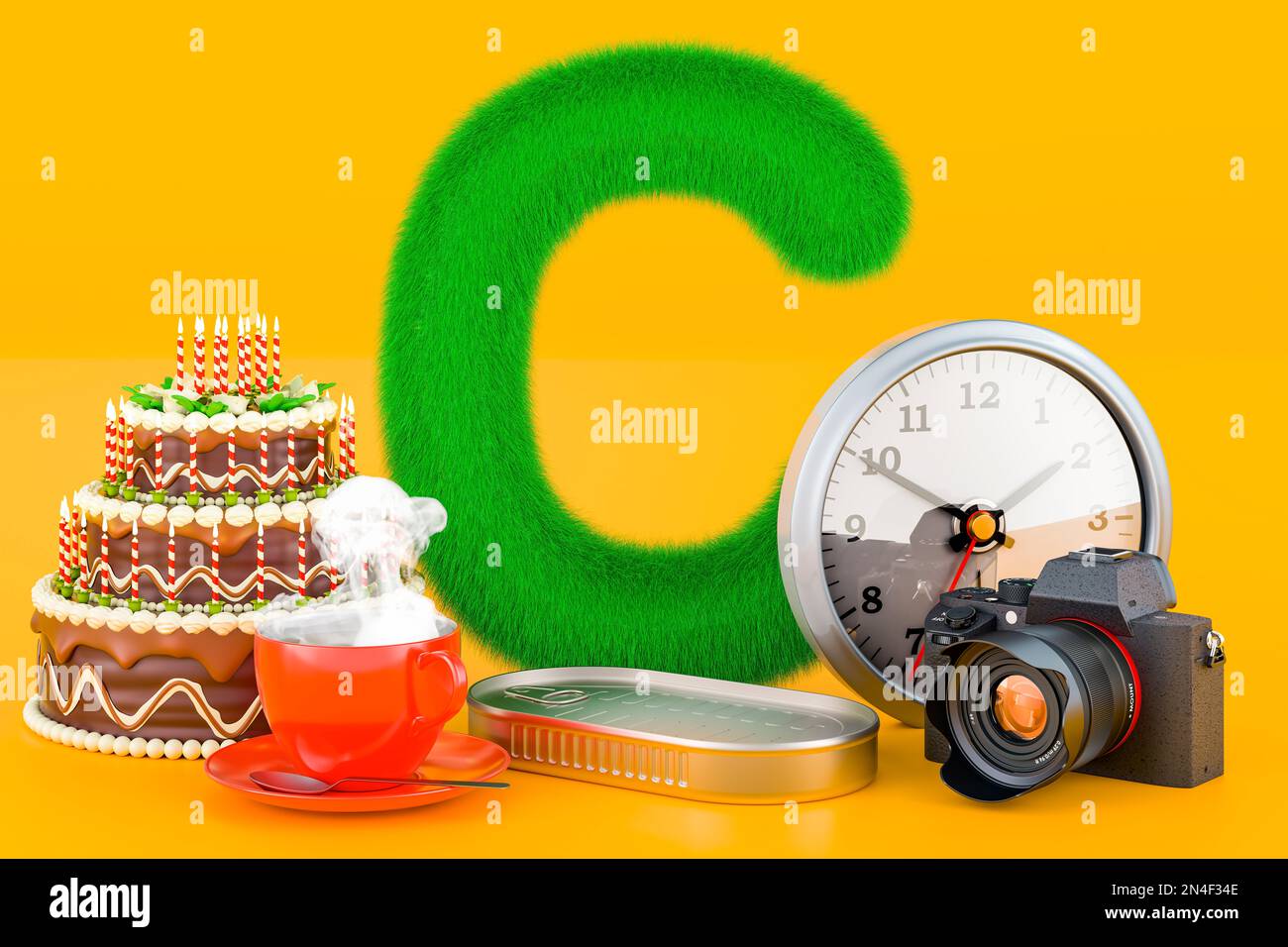 Fluffy letter C with cake, clock, cup, tin can, camera. Kids ABC, 3D ...