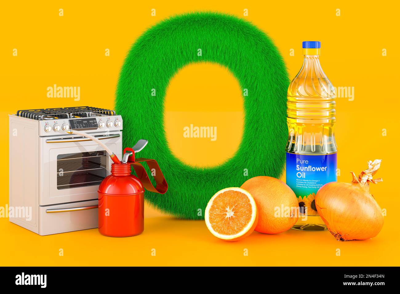 Fluffy letter O with oven, oil can, orange, onion, sunflower oil bottle ...