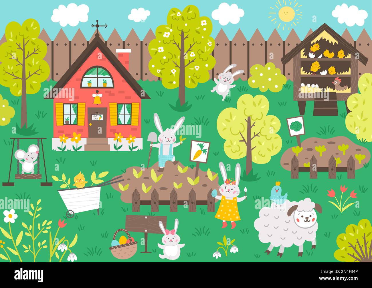Vector garden scene with cute animals. Spring scenery with funny bunny ...
