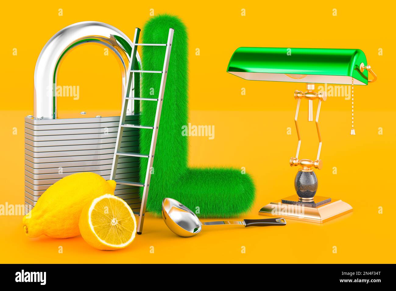 Fluffy letter L with lamp, ladder, lock, ladle, limon. Kids ABC, 3D ...