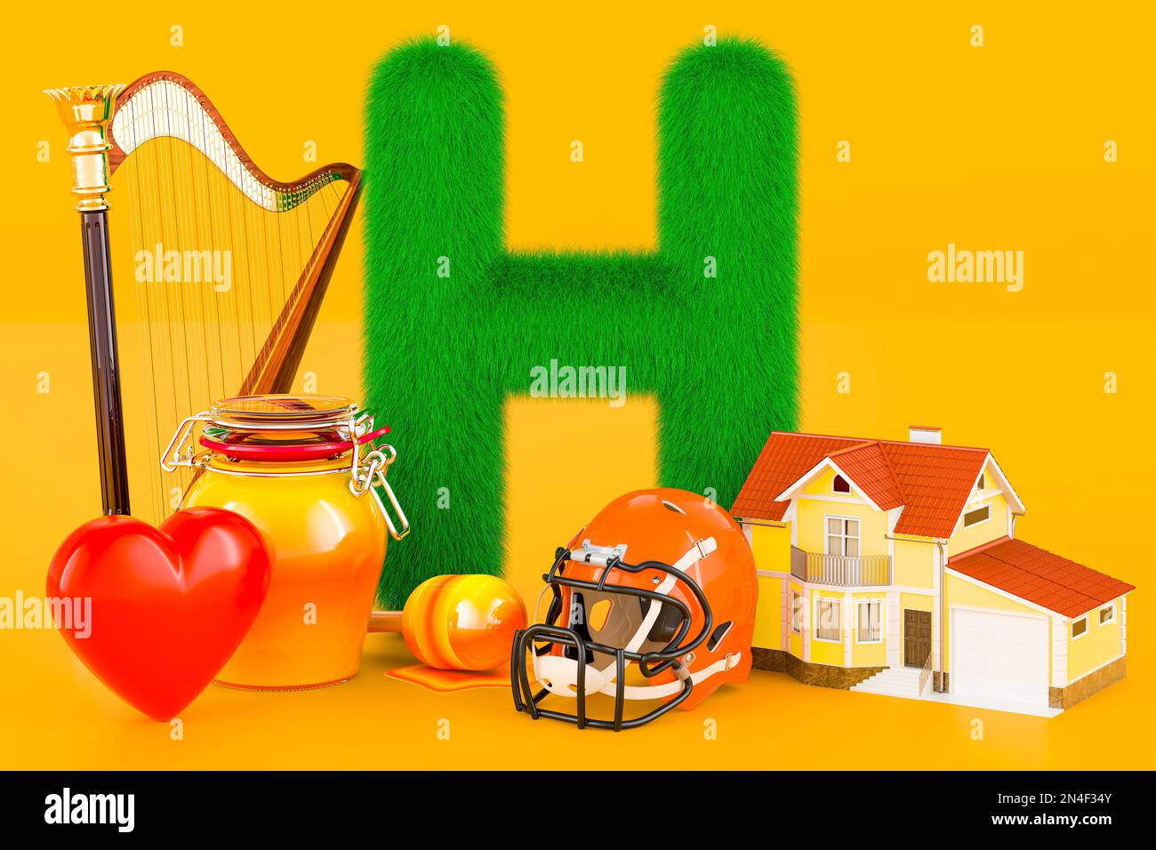 Fluffy letter H with home, heart, helmet, harp, honey. Kids ABC, 3D ...