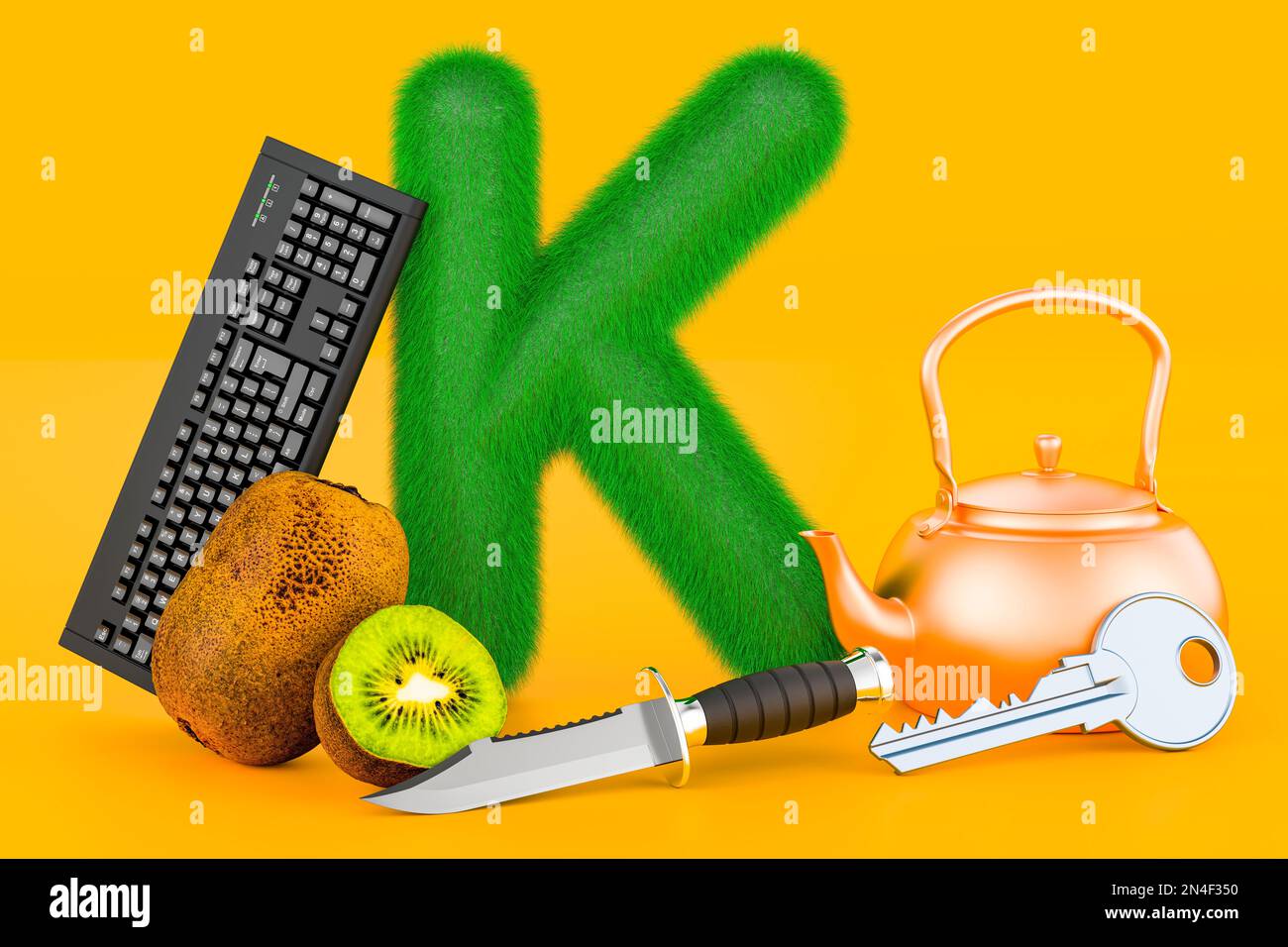 Fluffy letter K with key, knife, kettle, keyboard, kiwifruits. Kids ABC ...