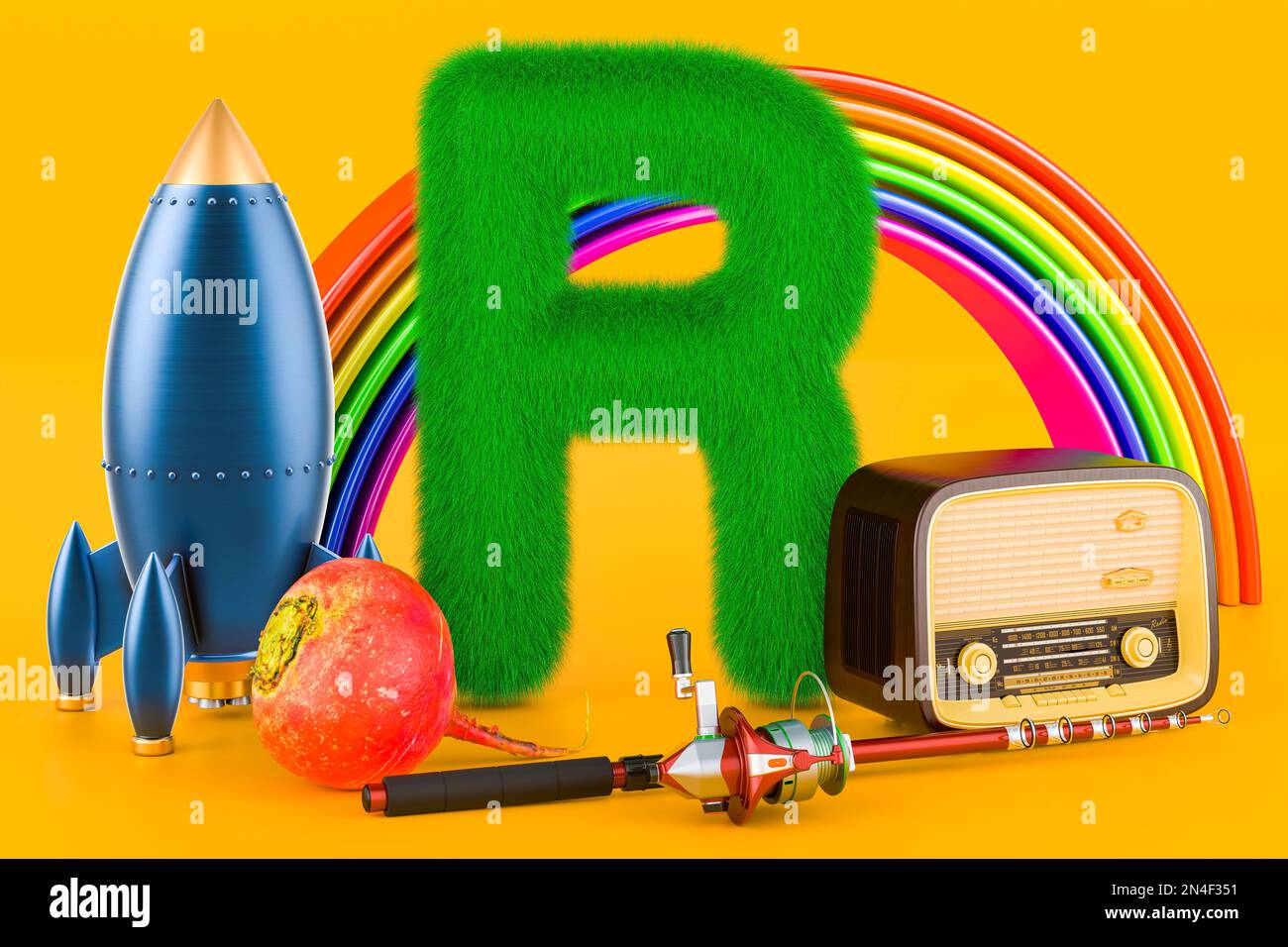Fluffy letter R with rocket, rainbow, radio, fishing rod, radish. Kids ...