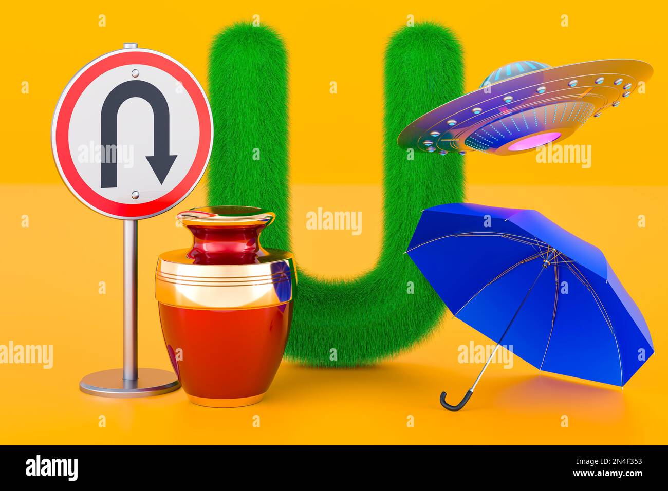 Fluffy letter U with umbrella, UFO, U turn sign, urn. Kids ABC, 3D ...