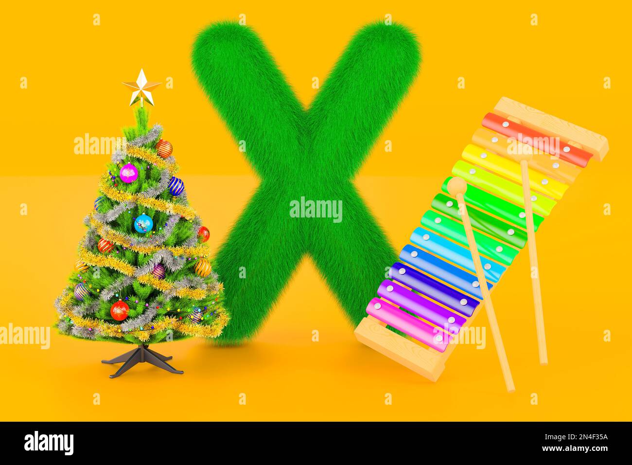 Fluffy letter X with xylophone, X-mas tree. Kids ABC, 3D rendering on ...