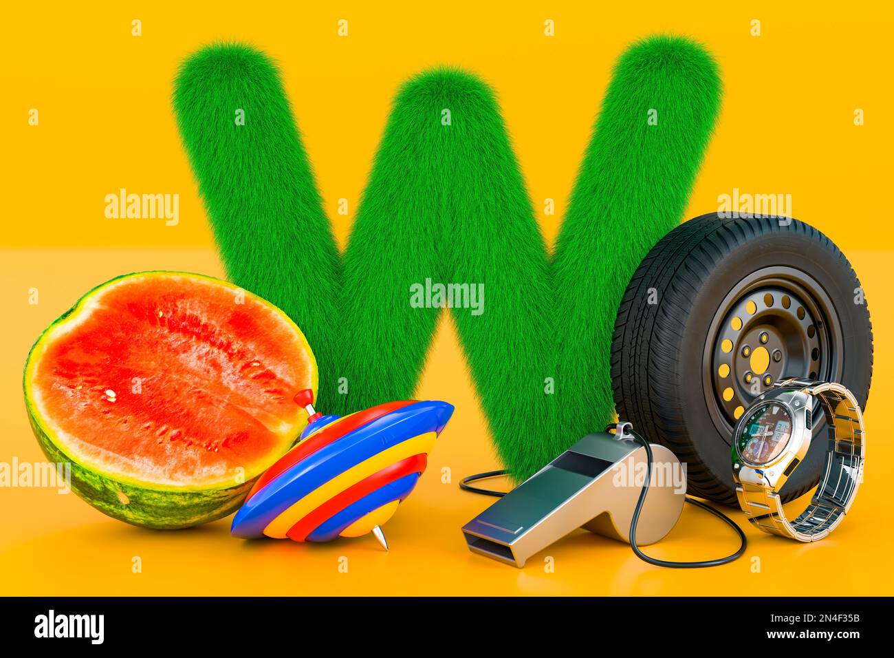 Fluffy letter W with watch, whirligig top, whistle, wheel, watermelon ...