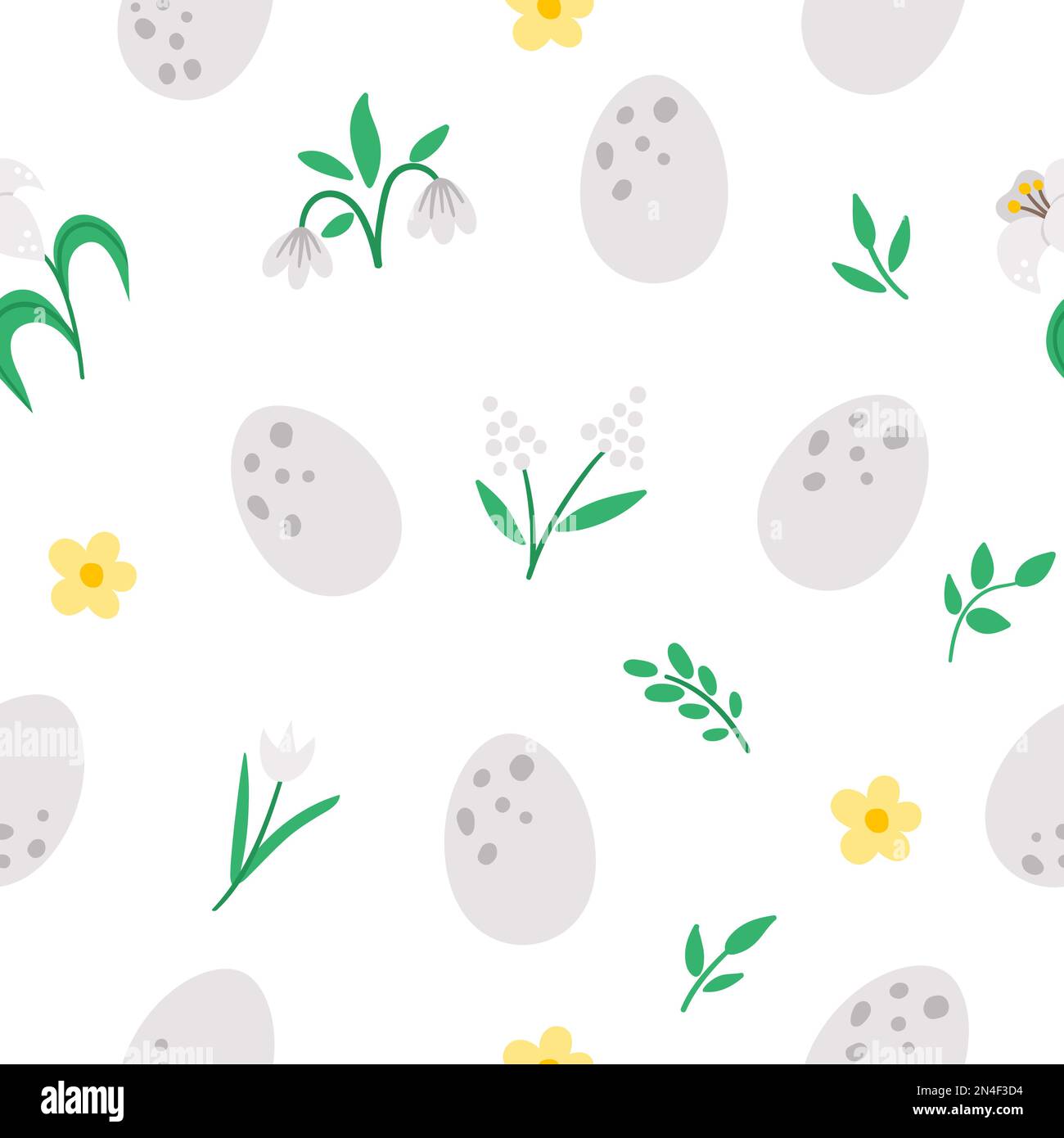 Vector Easter seamless pattern with eggs and first flowers. Spring flat ...