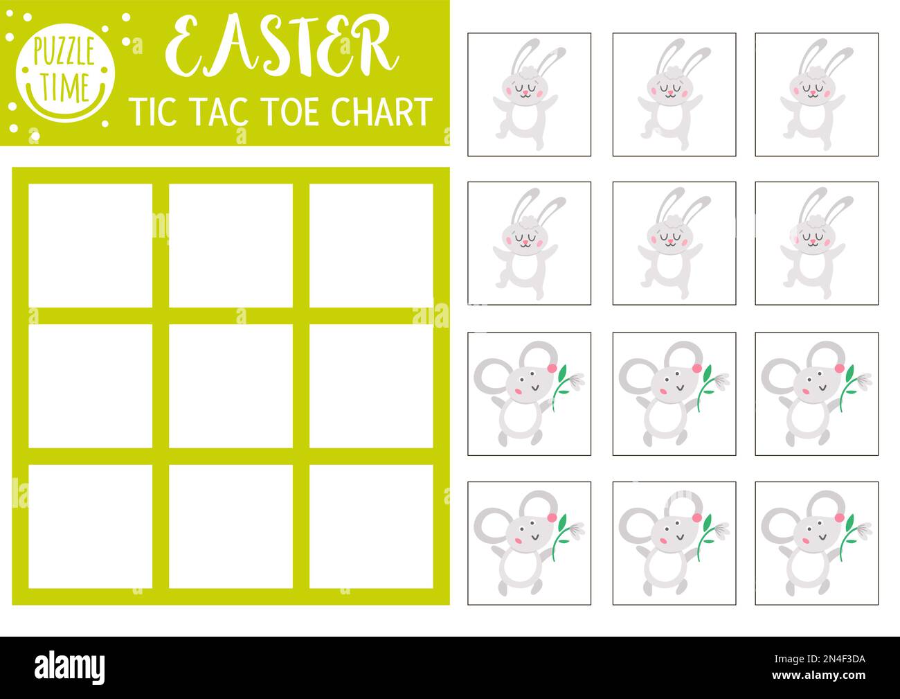 Vector Easter tic tac toe chart with cute bunny rabbit and mouse ...