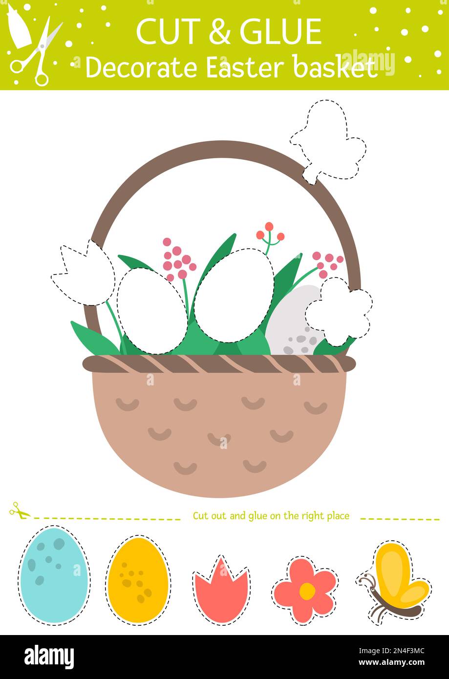 Vector Easter cut and glue activity. Holiday educational crafting game with cute colored eggs ...