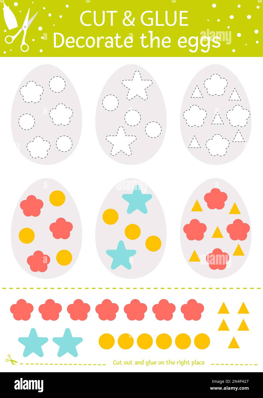 Vector Easter cut and glue activity. Holiday educational crafting game ...
