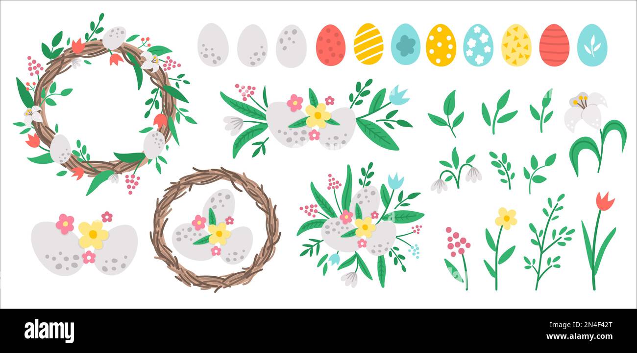 Vector Easter decorative elements set. Design compositions with eggs, plants and leaves. Spring ...